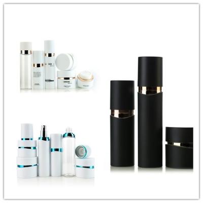 China A set cosmetic plastic vacuum pump bottle with rose gold shoulder，silver shoulder , cosmetic Jar for sale