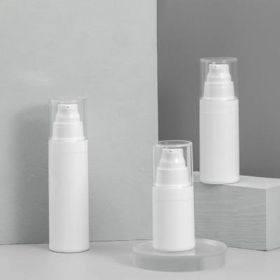 China Fashion biodegradable plastic empty bottle airless pump bottles 15ml 30ml 50ml cosmetic clear cap white pp body vacuum for sale
