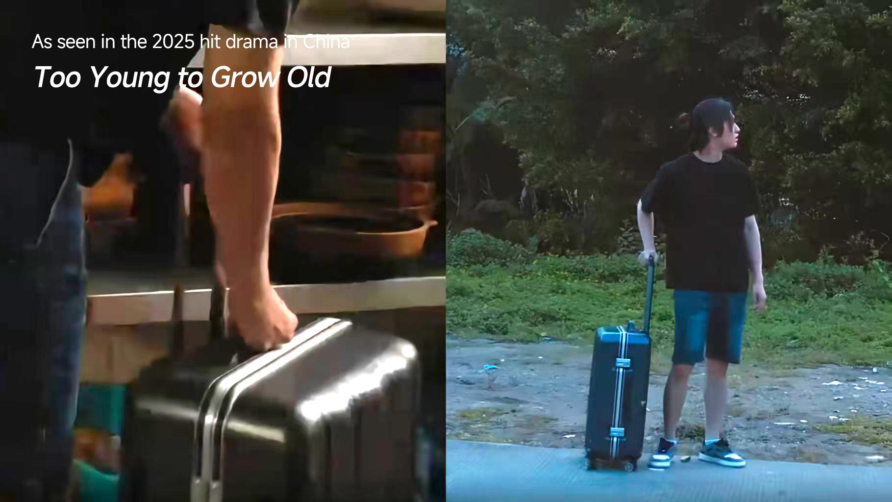Split screen showing Aksen suitcase featured in the drama 'Too Young to Grow Old' (2025)