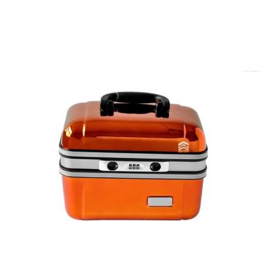 China Mini Hard Shell Cosmetic Case with Built-in Mirror Password Lock Glossy Orange Holographic Lady Style Travel Organizer for sale