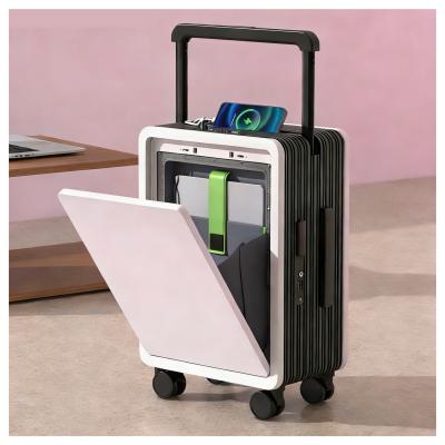 China 20-inch Hard Shell Business Suitcase with No-Zipper Design Front Opening Laptop Compartment and USB Port for sale