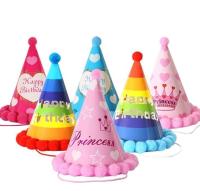China Customized Paper Birthday Party Hat with Pompoms 19cm for Baby Adult Pointy Hat for sale