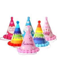 China Customized Colorful Paper Pointy Party Hat with Pompoms for Kids Birthday 19cm for sale