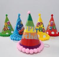 China Customized Colorful Paper Pointy Party Hat with Pompoms for Kids Birthday 19cm for sale