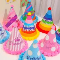China Colorful Red Triangular Party Hat with Pompoms 19cm for Adult Birthday Supplies for sale