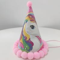 China Custom Paper Birthday Crown Hat with Pompoms for Adult Child Baby Party Decoration 19cm for sale