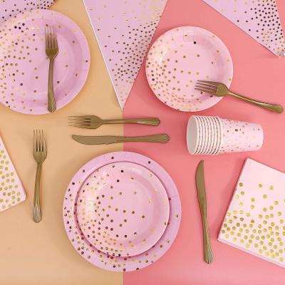 China Gold Polka Dots Pink Disposable Paper Dinnerware Sets 9 inch 7 inch Bachelorette Party Plates for sale