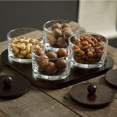 China Glass Fruit Plate with 4 Jar Snack Container Set on Wooden Plate with Lid Plate 10 Inch for sale