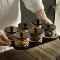 China Glass Fruit Plate with 4 Jar Snack Container Set on Wooden Plate with Lid Plate 10 Inch for sale