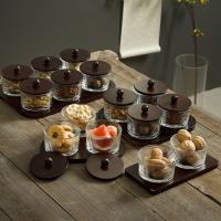 China Glass Fruit Plate with 4 Jar Snack Container Set on Wooden Plate with Lid Plate 10 Inch for sale
