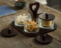 China Glass Fruit Plate with 4 Jar Snack Container Set on Wooden Plate with Lid Plate 10 Inch for sale
