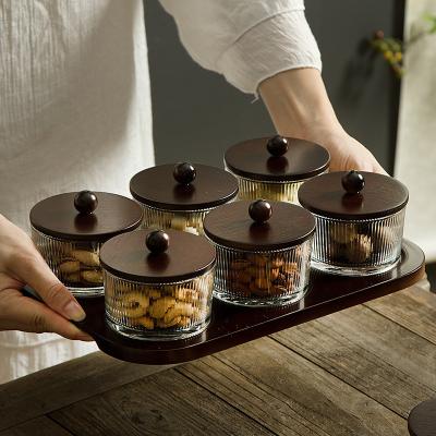 China 6 Jar Glass Snack Container Set with Eco-Friendly Wooden Plate Various Sizes for sale