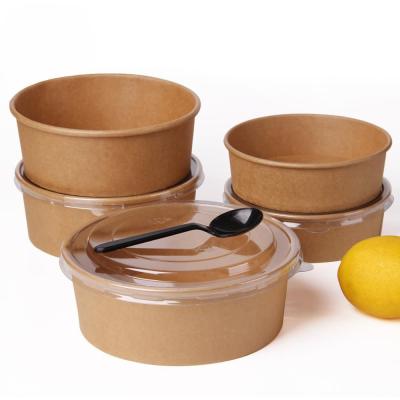 China Eco Friendly Disposable Kraft Paper Bowl with Lid 12oz Biodegradable Soup Bucket for sale