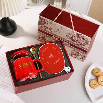 China USB Heated Coffee Mug 400ml Ceramic Smart Cup with Lid and Spoon Thermostatic Warming Coaster for sale