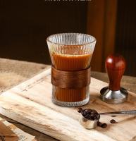 China Insulated Glass Tea Cup with Leather Sleeve 350ml Vertical Grain Design for Coffee Juice for sale