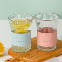 China Japanese Vertical Pattern Glass Juice Cup 300ml Anti-Ironing Eco-Friendly Bamboo Wood Lid for Coffee Tea for sale