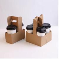 China Kraft Paper Cup Holder with Handle 2 Cup Drink Carrier 12-30 oz Foldable Eco Friendly for sale