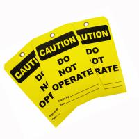 China Custom Yellow Caution Tag Polyester Durable Waterproof Safety Tag for sale
