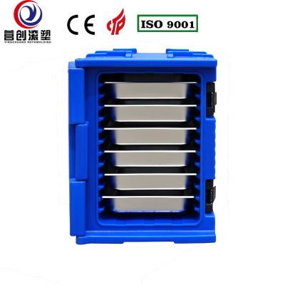 China YINGCHUANG ROTOMOLDING OEM 90L Blue Rotomolded Insulated Box With Small Casters, Thick PU Foam Hot & Cold GN Pan Food Transport Cabinet For Central Kitchen Canteen for sale