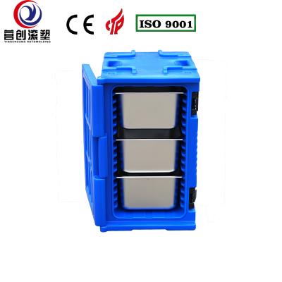 China YINGCHUANG ROTOMOLDING OEM 120L Blue Rotomolded Insulated Box With Small Casters, Thick PU Foam Hot & Cold GN Pan Food Transport Cabinet For Central Kitchen Catering Canteen for sale