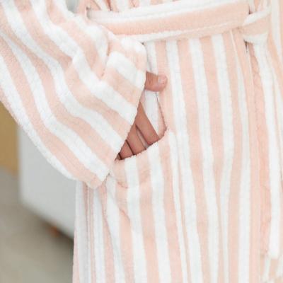 China Super Absorbent Big Stripe Coral Fleece Bathrobe 300gsm 120cm With Cap for sale