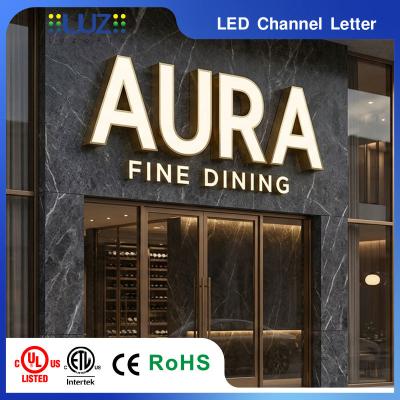China Titanium Gold Finish Plating Slim Casing Front Lit Covered Sheet LED Signage For Luxury Restaurant for sale
