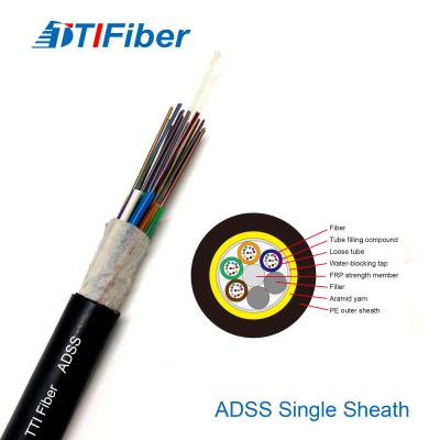 China Adss Single Mode G657a Overhead Aerial Dielectric Fiber Optic Cable 48 96 144 Core for sale