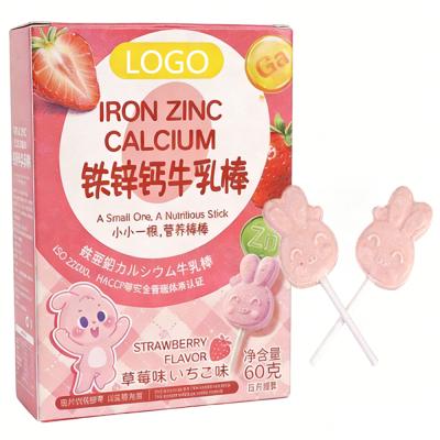 China Strawberry Flavor Semi-Hard Texture Milk Stick Lollipop Cartoon Shape Children Nutrition Candy for sale