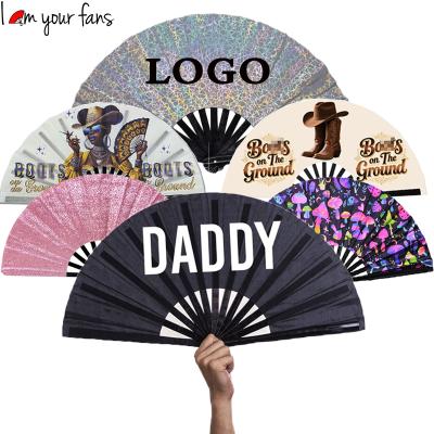China 33cm Custom Printed Large Rave Fan Folding Bamboo Loud Fan Clack Hand Held Fan for Rave Festivals Accessories for sale