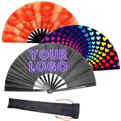 China Custom UV Printing Large Rave Clack Fans Kung Fu Bamboo Folding Fans With Fan Bag for sale