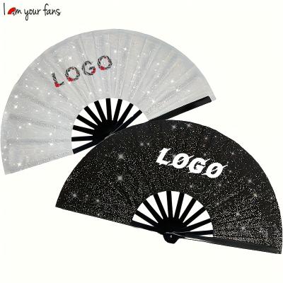 China Hot Selling Large Shinning Folding Hand Handle Fan Rave Fan Custom Bamboo Rave Clacking Fans for sale