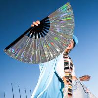 China Hot Selling Waterproof Personalized Large Hand Fan PVC Holography Fans Hand Held Rave Fan for sale