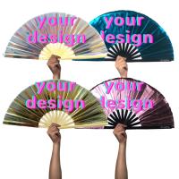 China Customized Holographic Reflective Bamboo Large Clack Hand Fan Kungfu Fan for Music Festival for sale