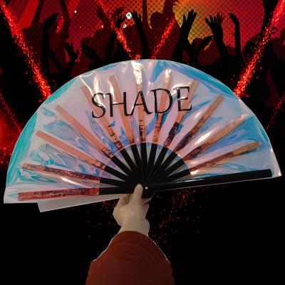 China 33cm Custom Printed Large Folding Loud Clack PVC Bamboo Hand Held Fan for Rave Festivals Accessories for sale
