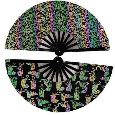 China Reflective Holographic 33cm Reflective Fabric Hand Fan High Quality Premium Bamboo Rib Clack Rave Fan for sale