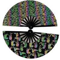 China Reflective Holographic 33cm Reflective Fabric Hand Fan High Quality Premium Bamboo Rib Clack Rave Fan for sale