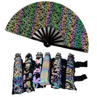 China Reflective Holographic 33cm Reflective Fabric Hand Fan High Quality Premium Bamboo Rib Clack Rave Fan for sale