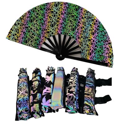 China Reflective Holographic 33cm Reflective Fabric Hand Fan High Quality Premium Bamboo Rib Clack Rave Fan for sale