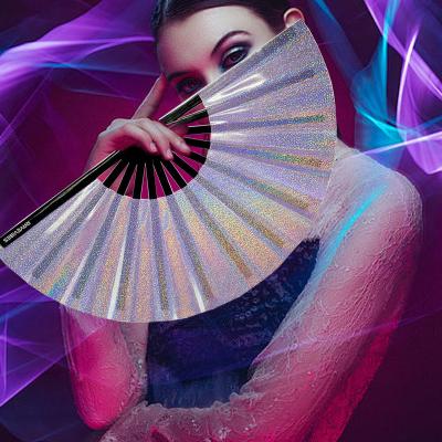 China 33cm Custom Printed Large Folding Loud Clack Bamboo Wooden Hand Held Fan for Rave Festivals Accessories for sale