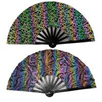 China Large Holographic 33cm Reflective Fabric Hand Fan High Quality Premium Bamboo Rib Clack Rave Fan for sale