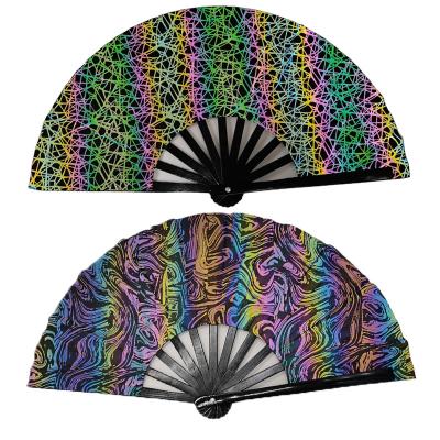 China Large Holographic 33cm Reflective Fabric Hand Fan High Quality Premium Bamboo Rib Clack Rave Fan for sale