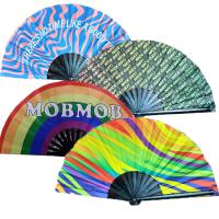 China 33cm Large Hand Fan Promotional Large Rave Fan Solid Nylon Fabric Hand Held Folding Fans for Advertisement for sale