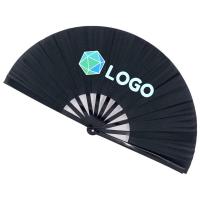 China 33cm Large Hand Fan Promotional Large Rave Fan Solid Nylon Fabric Hand Held Folding Fans for Advertisement for sale