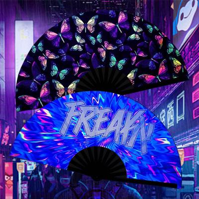 China 33CM Hand Fan 27cm / 33cm Holographic UV Fan High Premium Bamboo Folding Clack Rave Fan for Party Use for sale