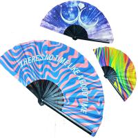 China Large Folding Hand Fan Custom Big Clack Wood Bamboo for Rave EDM Music Wedding Party Dance Performance Gift Handheld Fan for sale
