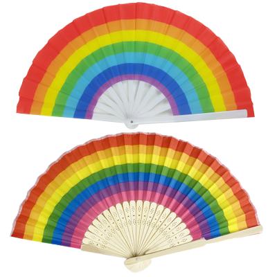 China Customized Foldable Large Hand Fan Pride Day Rave Fan Bamboo Rainbow Fans for sale