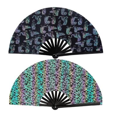 China Custom Printed UV Reflective Large Clack Fans Bamboo Hand Fan With UV Glow Business Gift Rave 33cm Disco Loud Clack UV Fan for sale