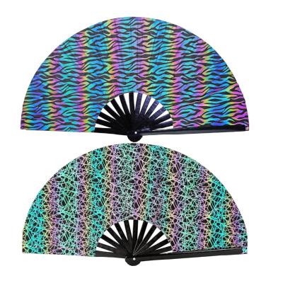 China Custom Made UV Glow Fans Reflective Large Bamboo Hand Fan With UV Glow Business Gift Rave 33cm Disco Loud Clack UV Fan for sale