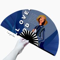 China 33Cm Custom Logo Printing Polyester Satin Big Clack Large  Bamboo Fan Rainbow Gay Pride Fan 34cm Rave Fans for sale