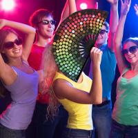 China 33cm Large Custom Printed Folding Loud Clack Bamboo Wooden Hand Held Fan for Rave Festivals Accessories for sale